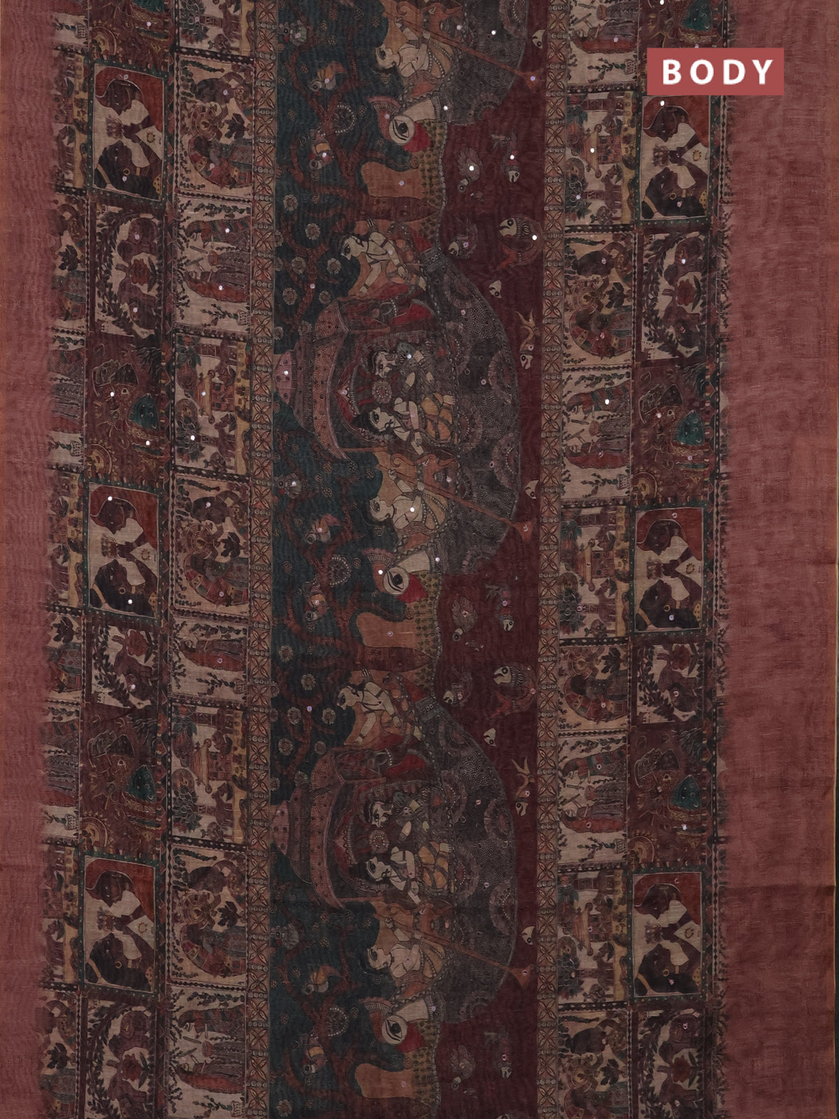 Semi linen saree pastel brown with allover madhubani prints & mirror w ...