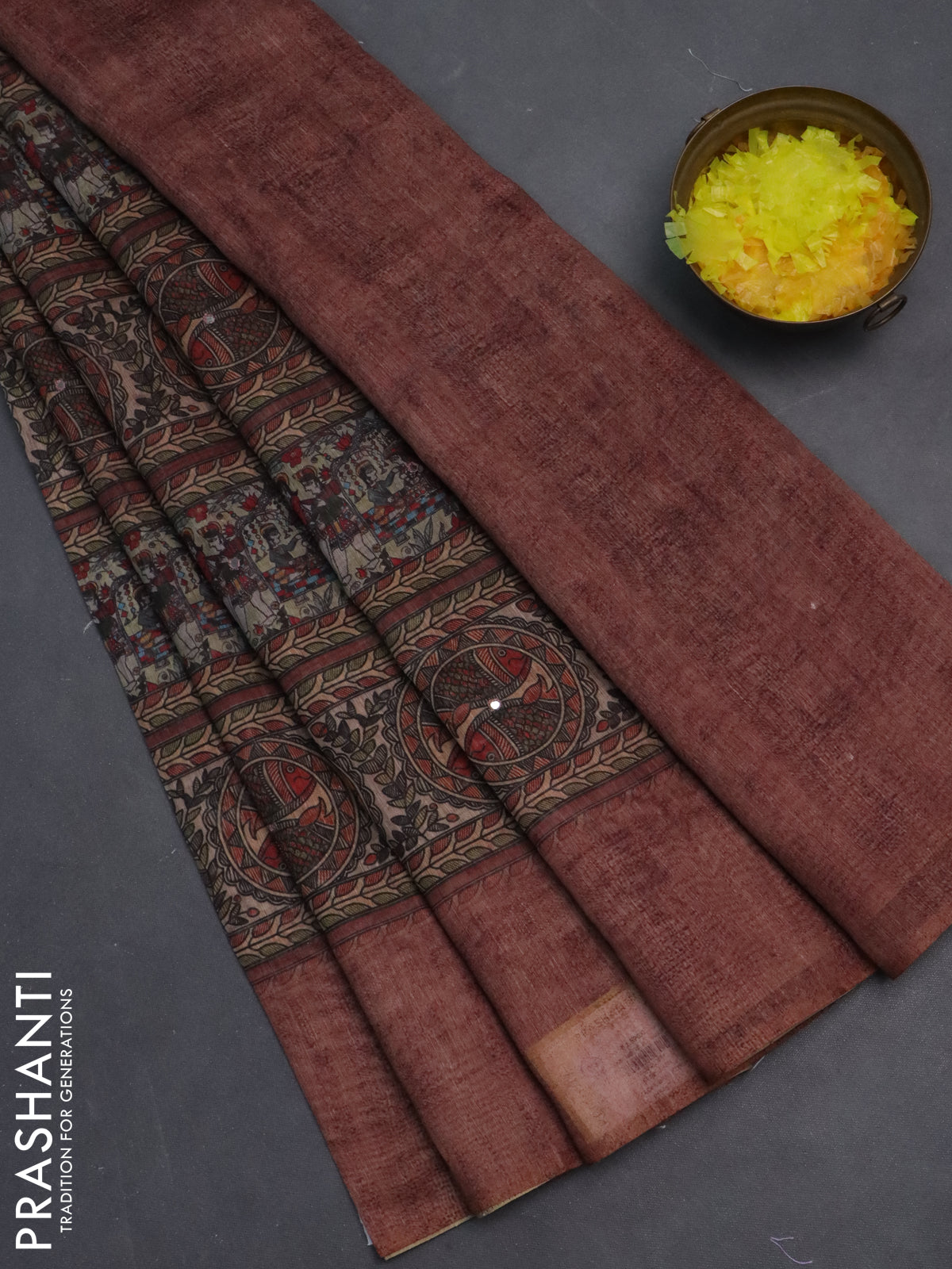 Semi linen saree pastel brown with allover madhubani prints & mirror w ...