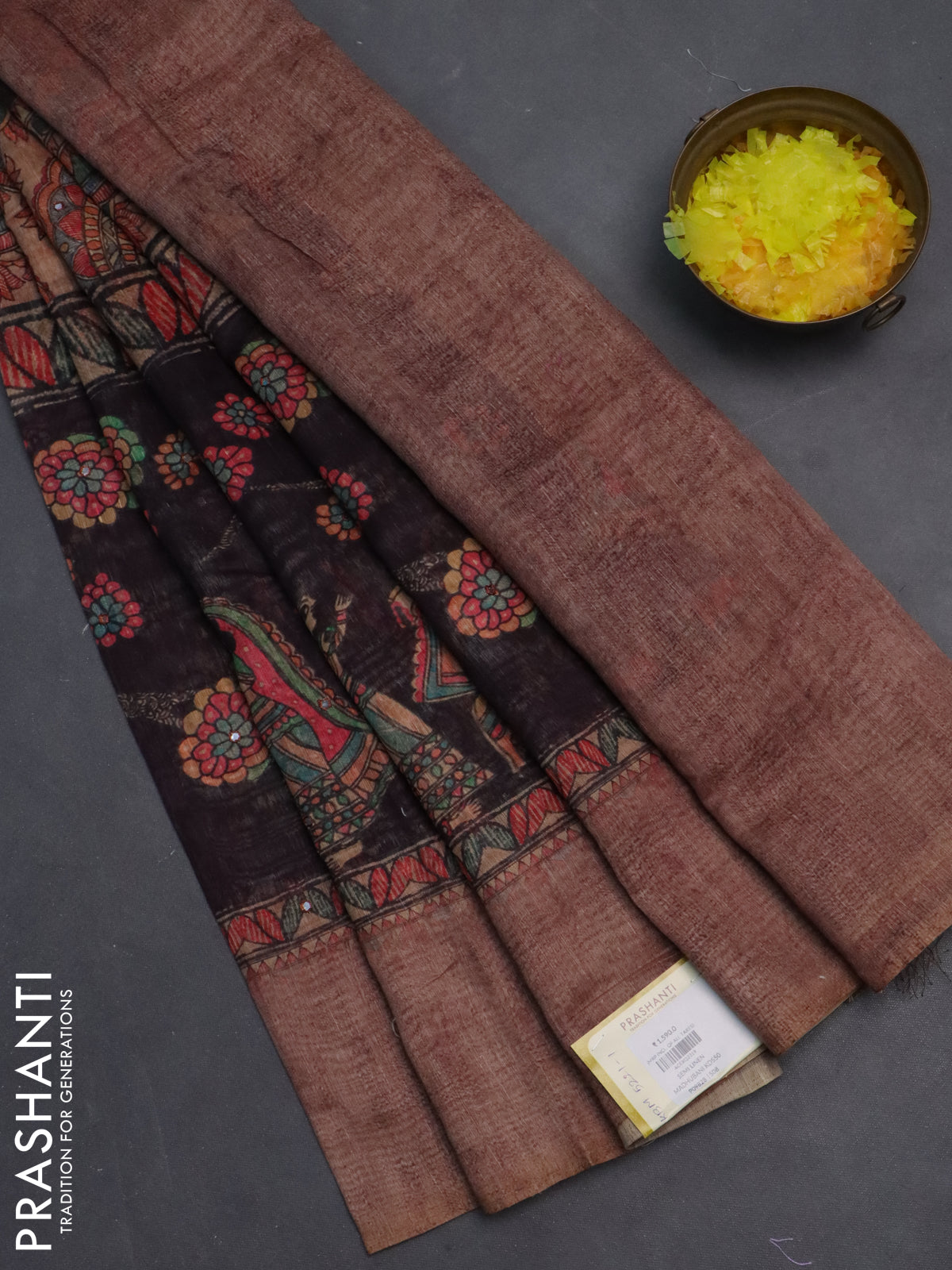 Semi linen saree pastel brown with allover madhubani prints & mirror w ...