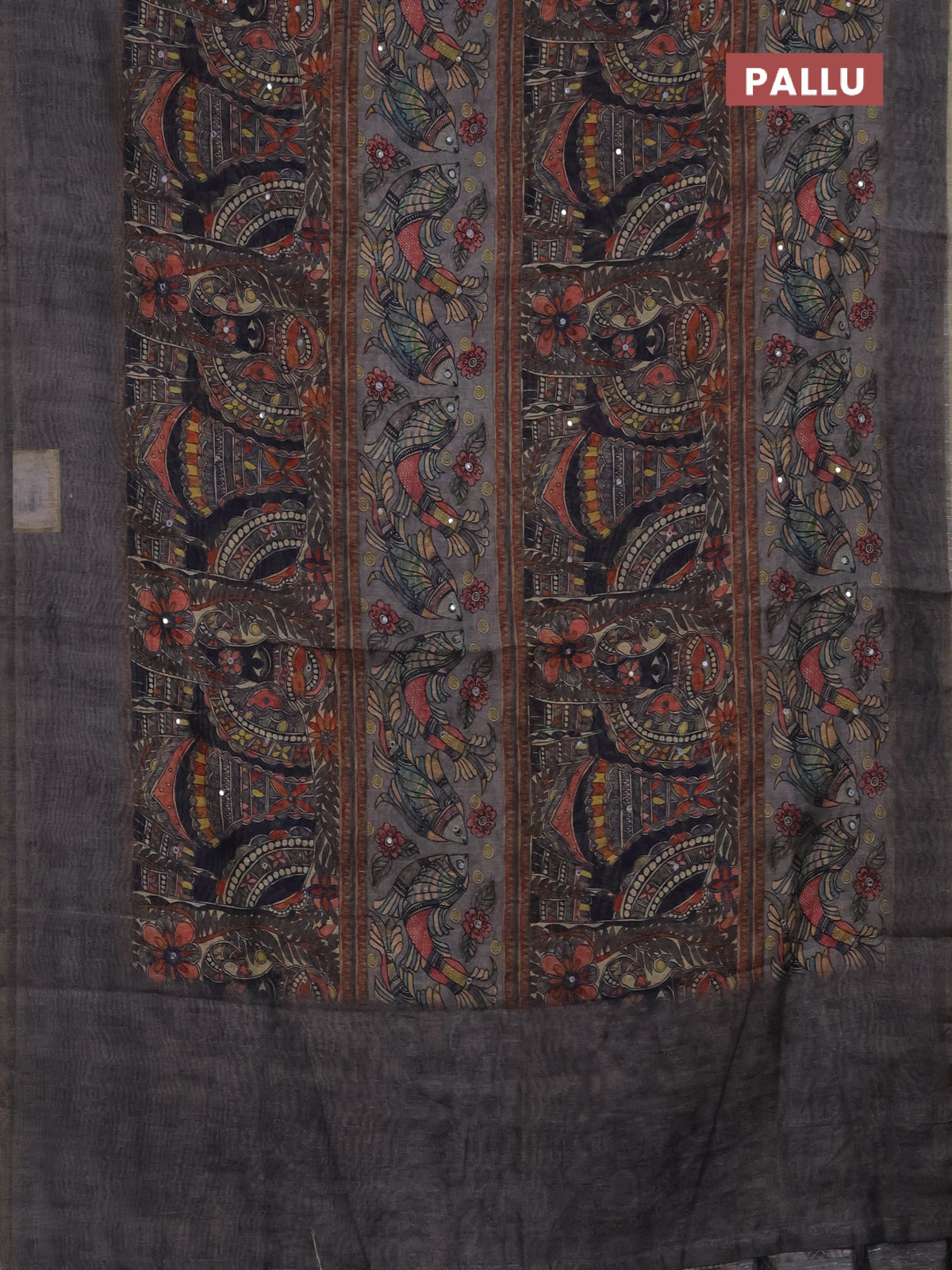 Semi linen saree pastel grey with allover madhubani prints & mirror wo ...