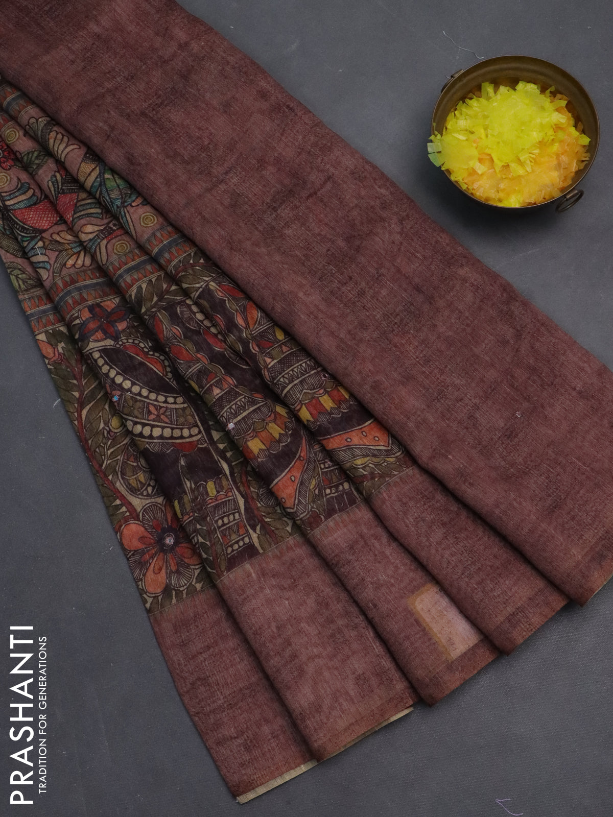 Semi linen saree pastel brown with allover madhubani prints & mirror w ...