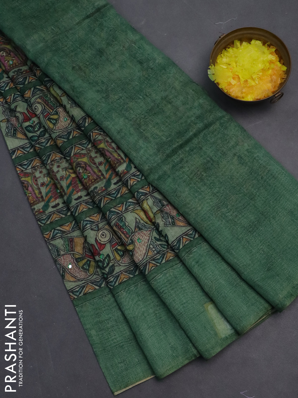 Semi linen saree pastel green with allover madhubani prints & mirror w ...