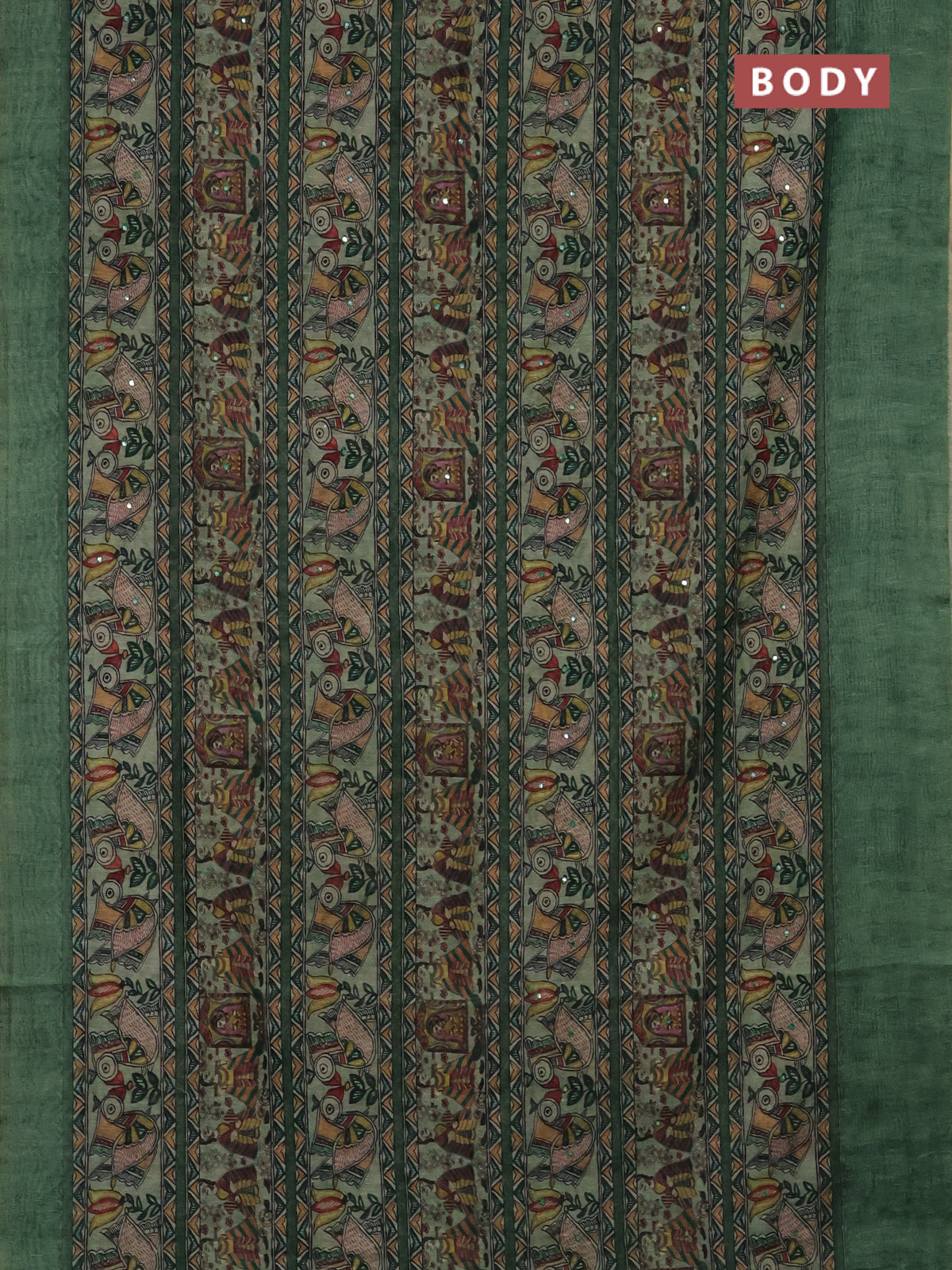 Semi linen saree pastel green with allover madhubani prints & mirror w ...