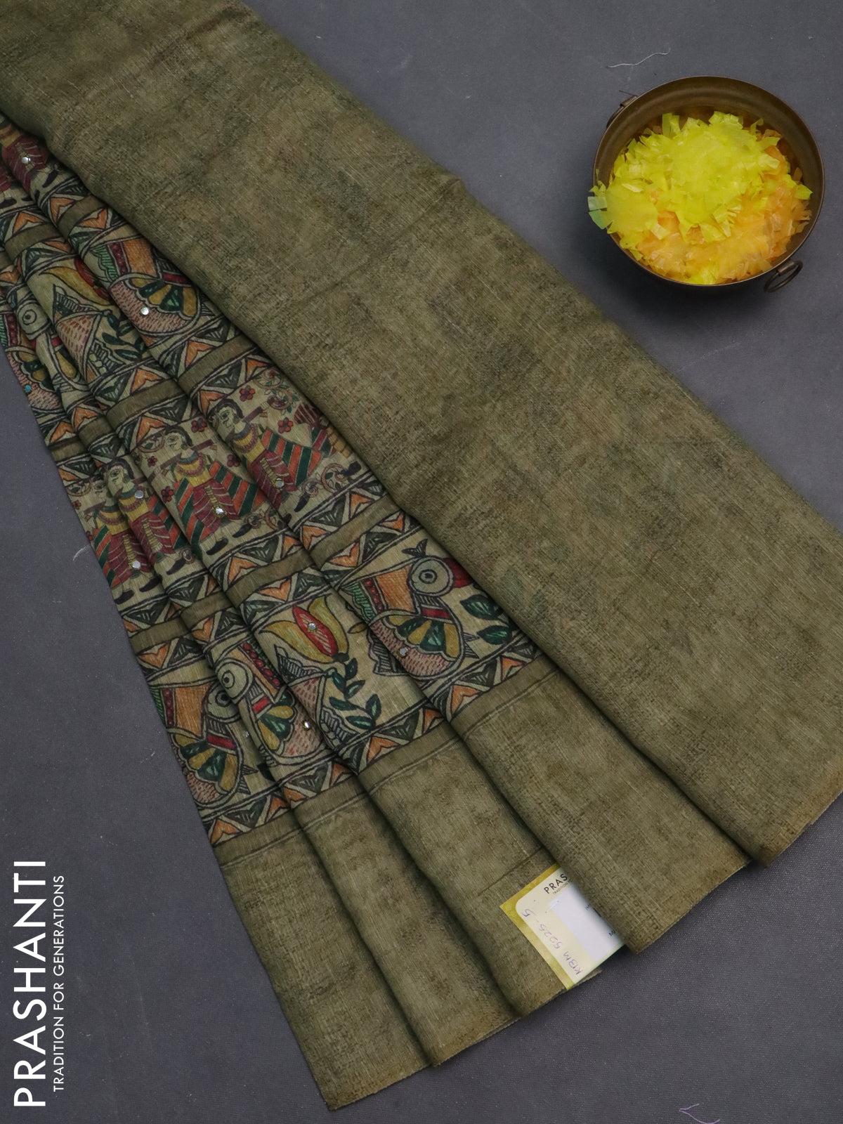 Semi linen saree pastel green with allover madhubani prints & mirror w ...