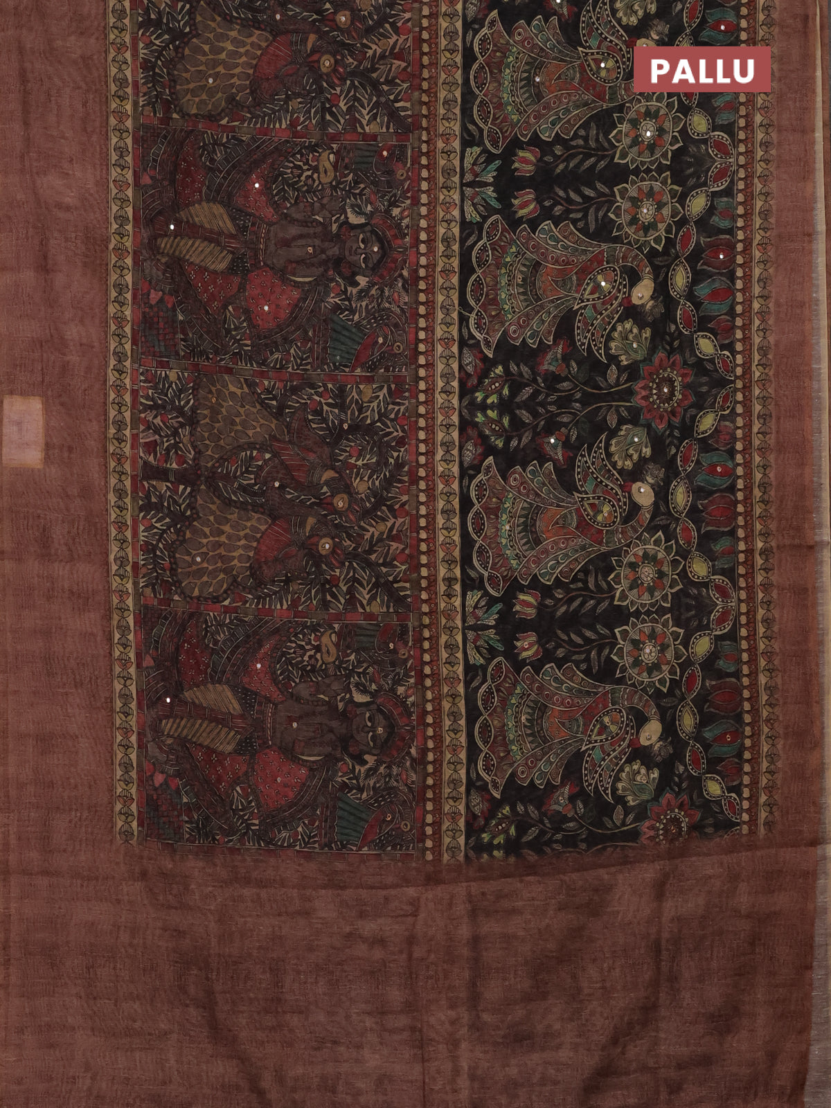 Semi linen saree pastel brown with allover madhubani prints & mirror w ...