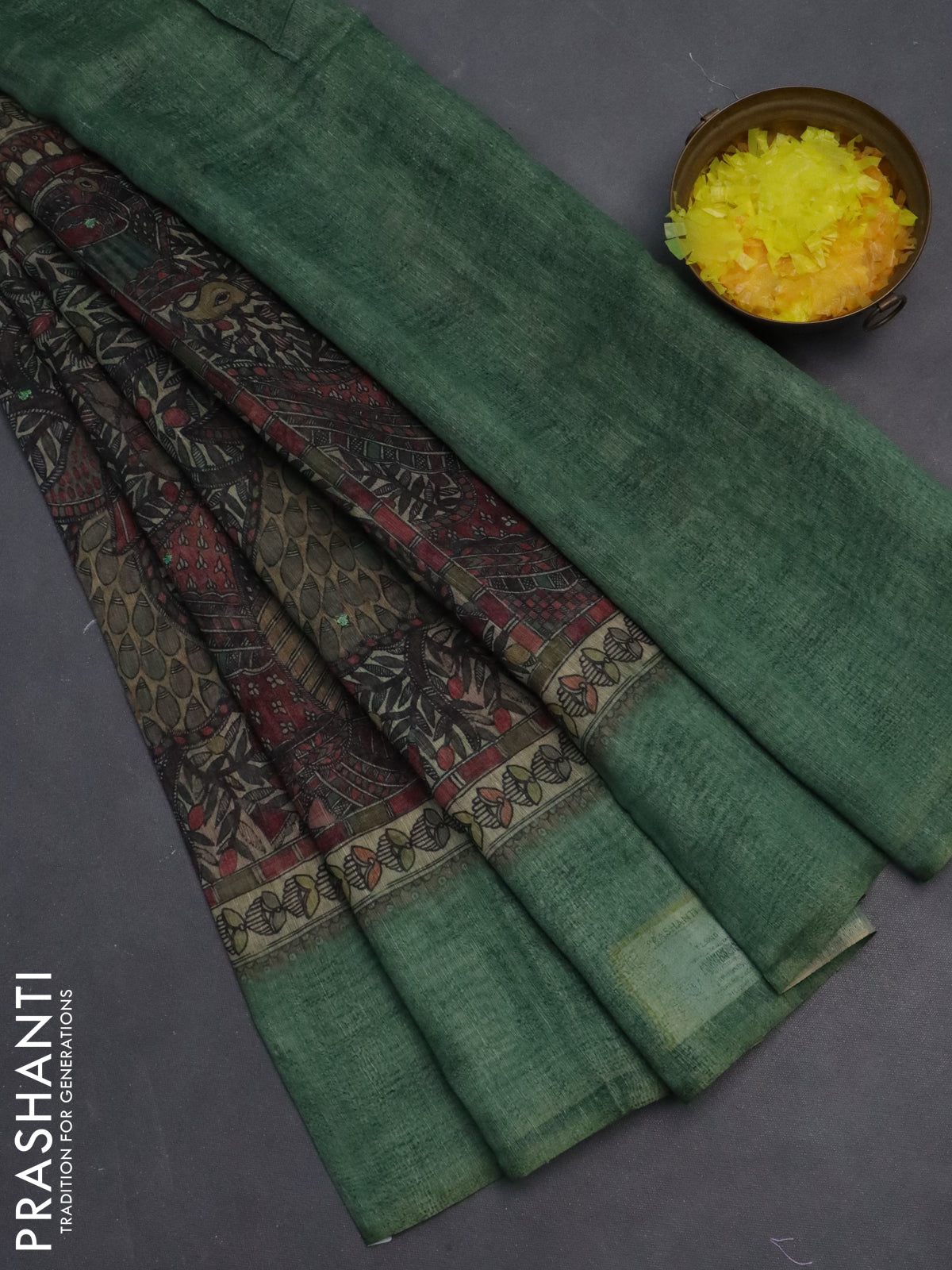 Semi linen saree pastel green with allover madhubani prints & mirror w ...