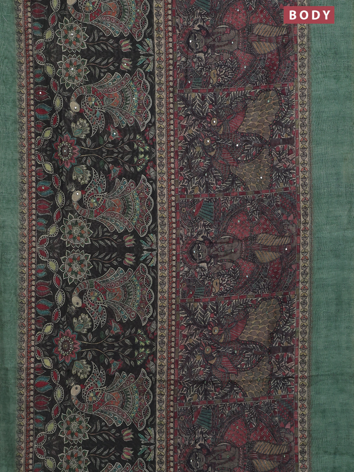 Semi linen saree pastel green with allover madhubani prints & mirror w ...