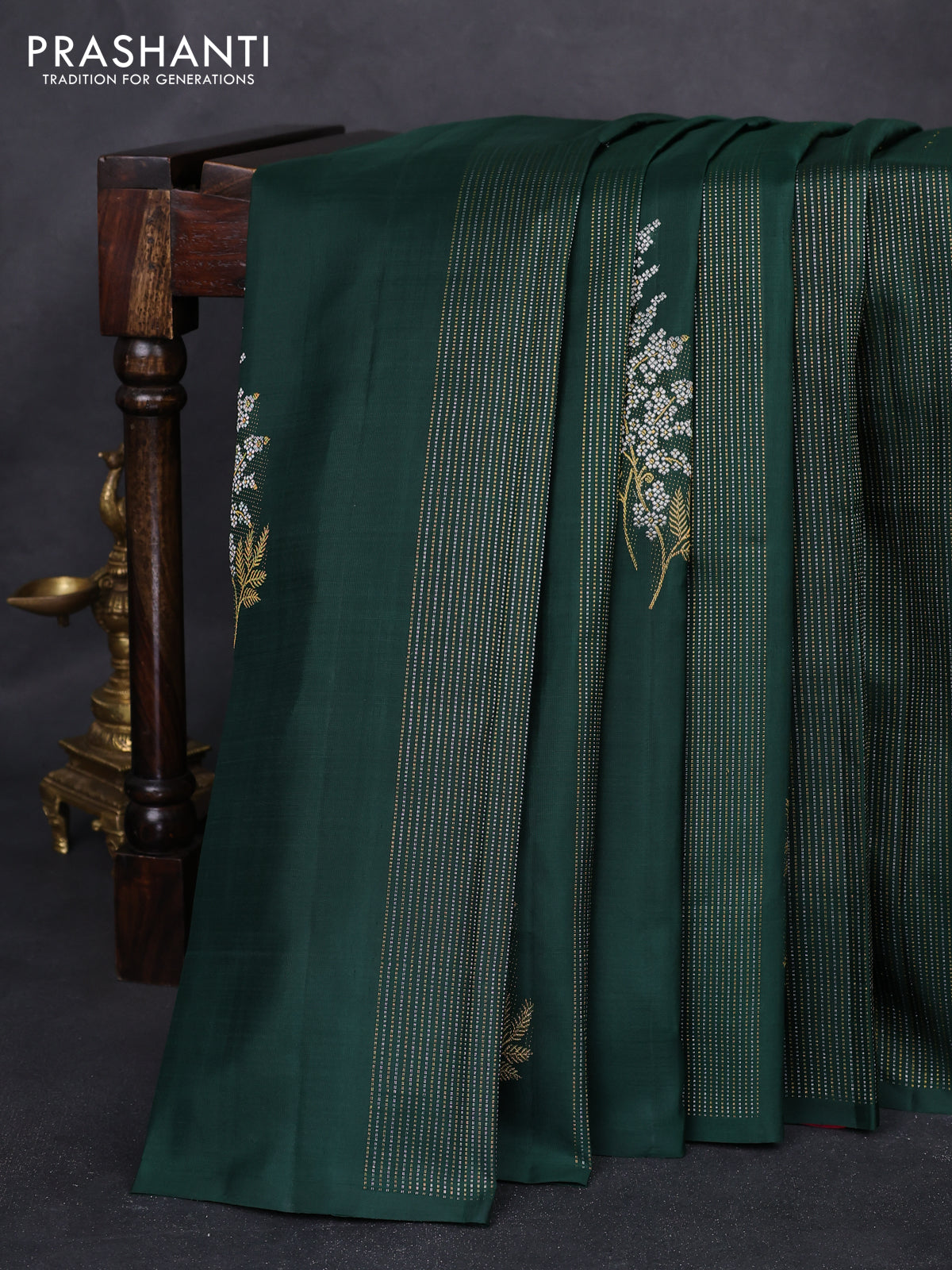 Pure kanchipuram silk saree bottle green and pink with allover silver ...