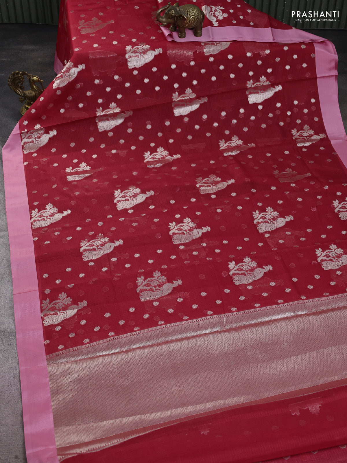 Cotton zari kota saree red and light pink with silver zari woven butta ...