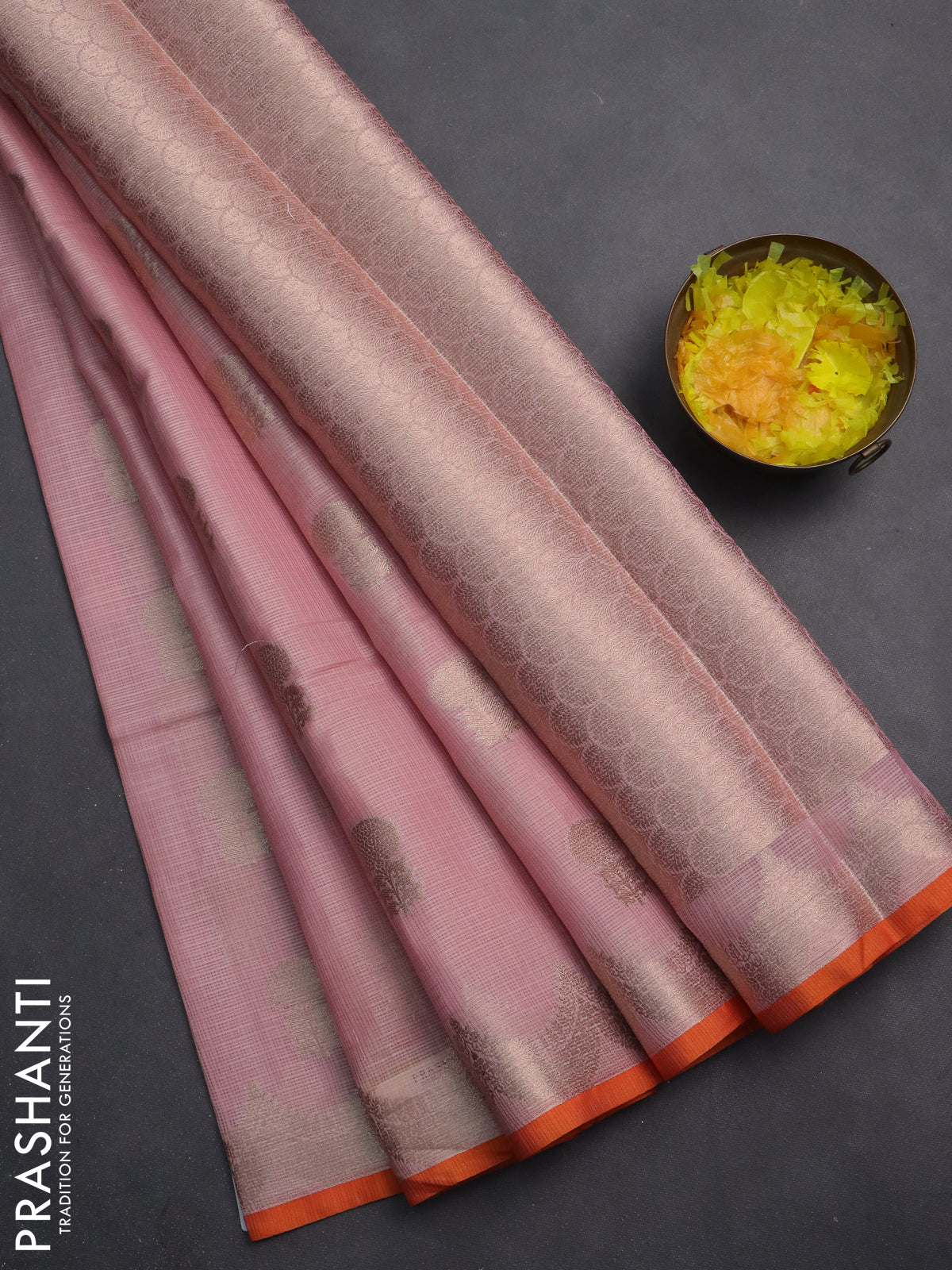 Cotton zari kota saree light pink and orange with zari woven floral bu ...