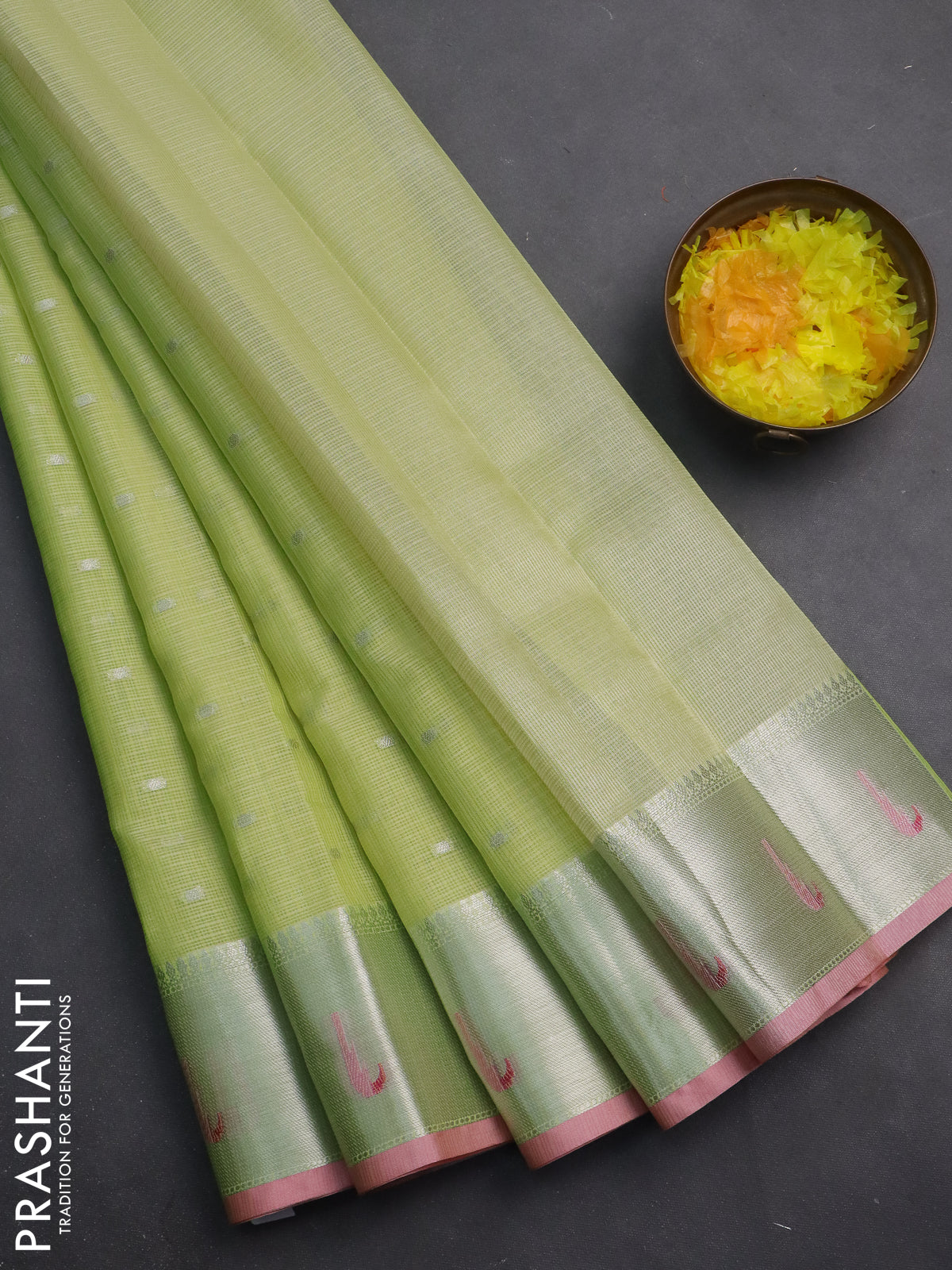 Cotton zari kota saree pista green and peach pink with silver zari wov ...