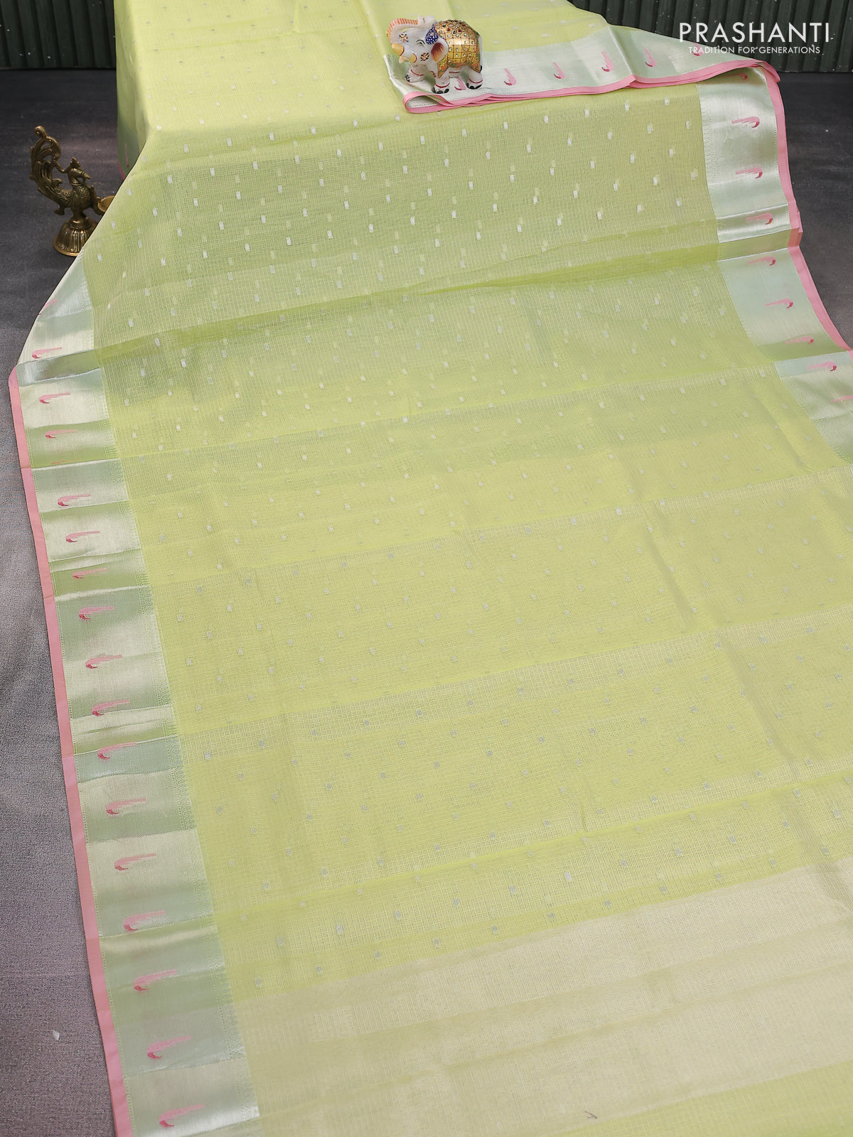 Cotton zari kota saree pista green and peach pink with silver zari wov ...