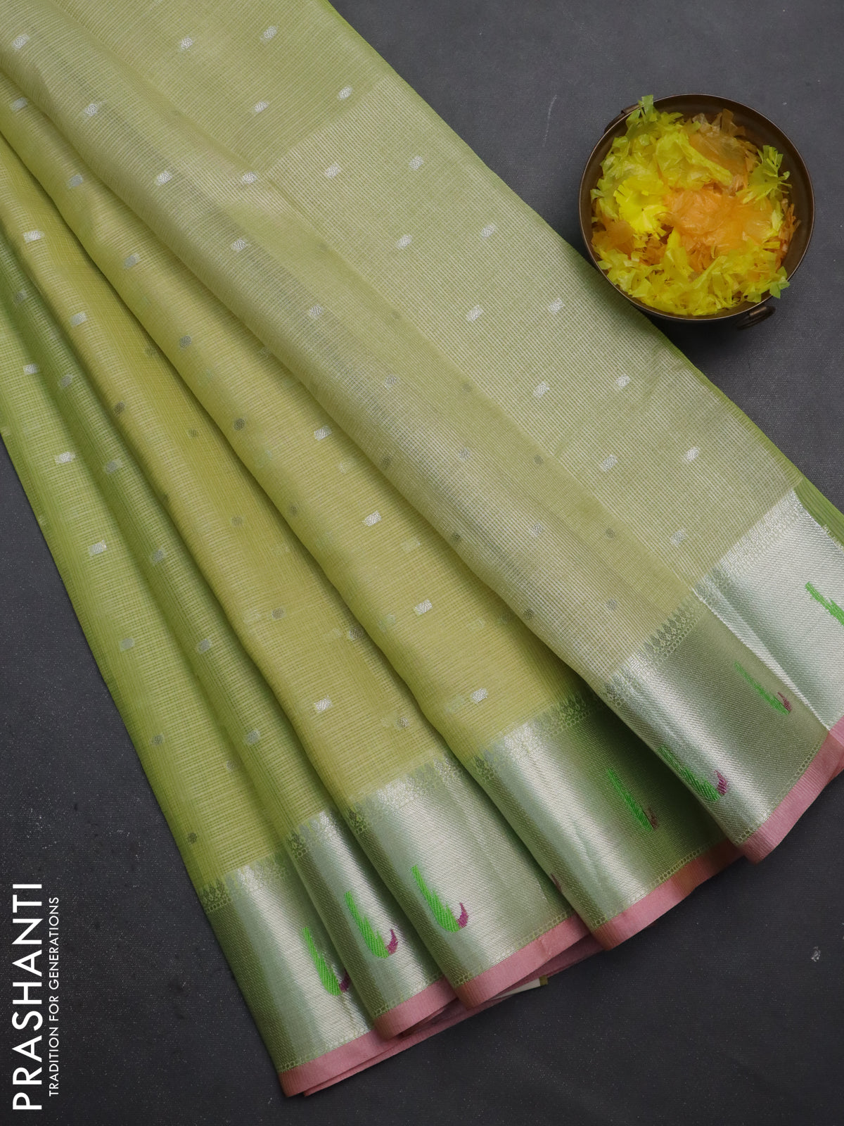 Cotton zari kota saree pista green and light pink with silver zari wov ...