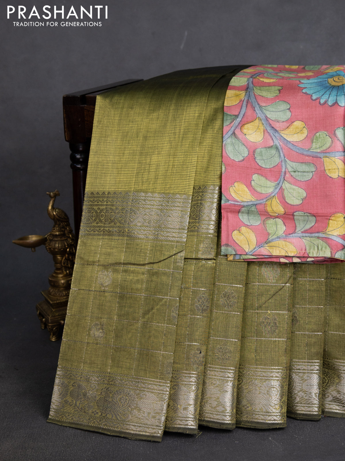Mangalgiri silk cotton saree sap green with allover silver zari checks ...
