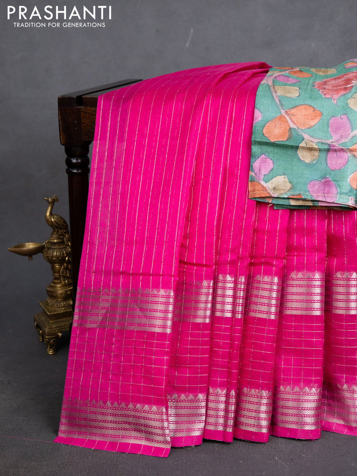 Mangalgiri silk cotton saree pink and green with allover silver zari s ...