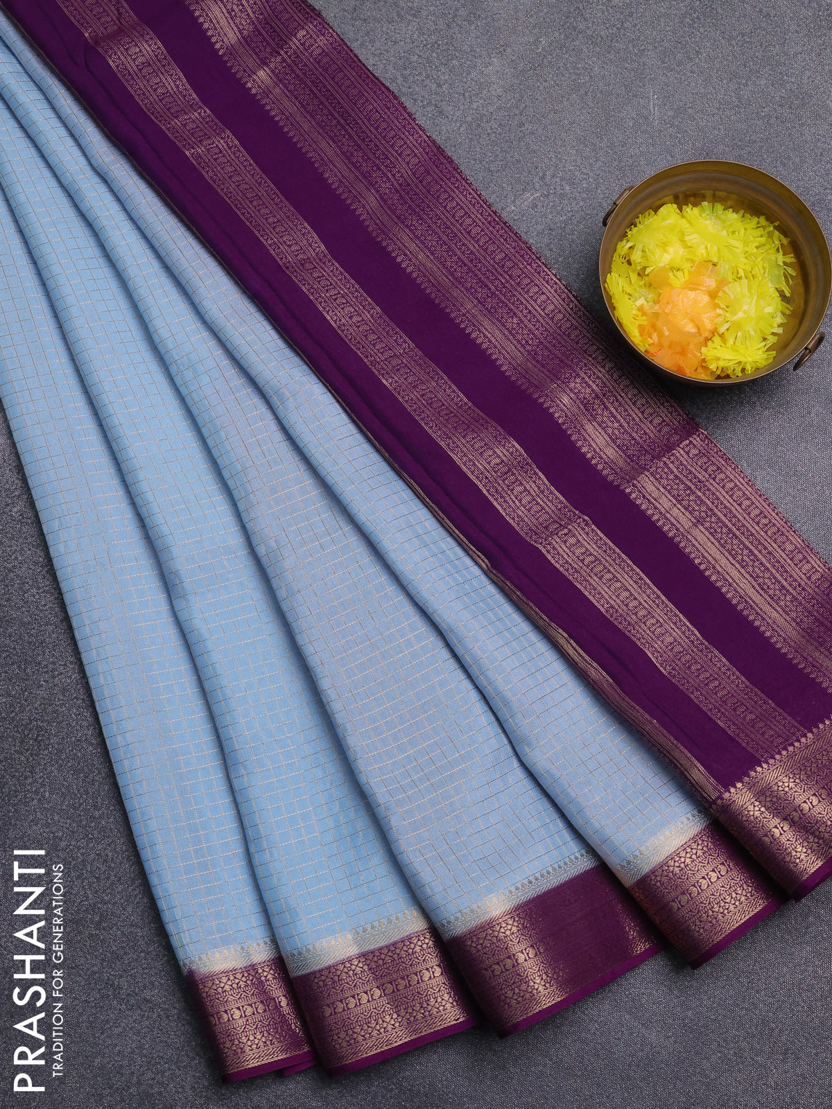 Semi mysore silk saree pastel blue and purple with allover small zari ...