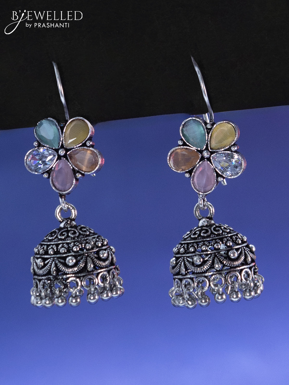 Oxidised hanging type jhumka floral design with multi colour stone and ...