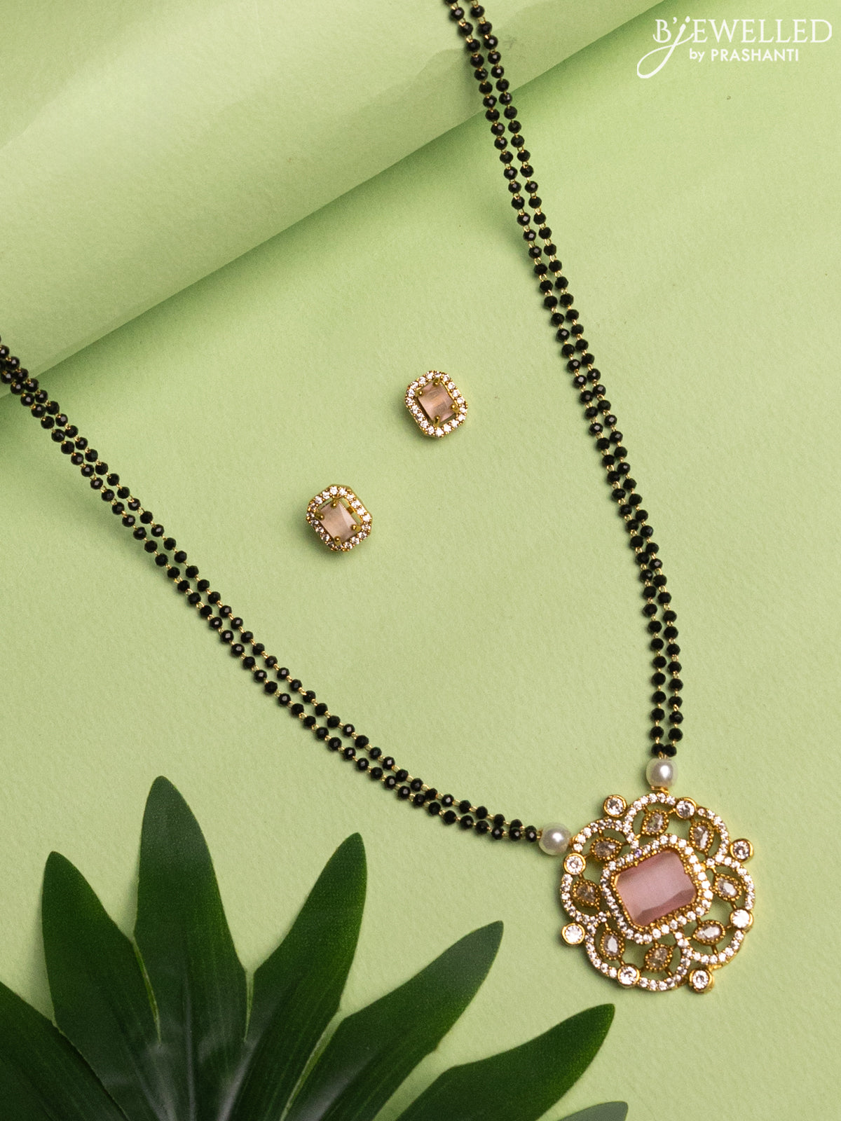 Mangalsutra double layer with baby pink and cz stones pendant ...