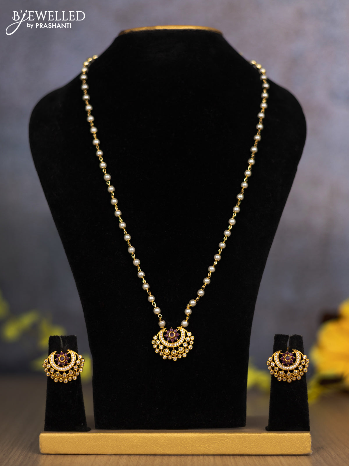 Pearl necklace with ruby and cz stones – Prashanti Sarees