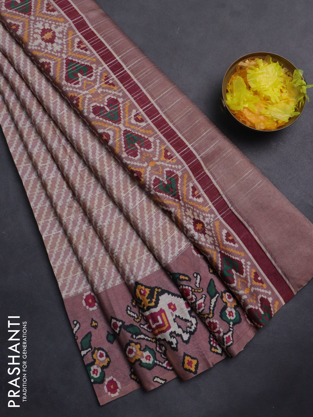 Semi tussar saree pastel pink with leheriya prints and patola printed ...