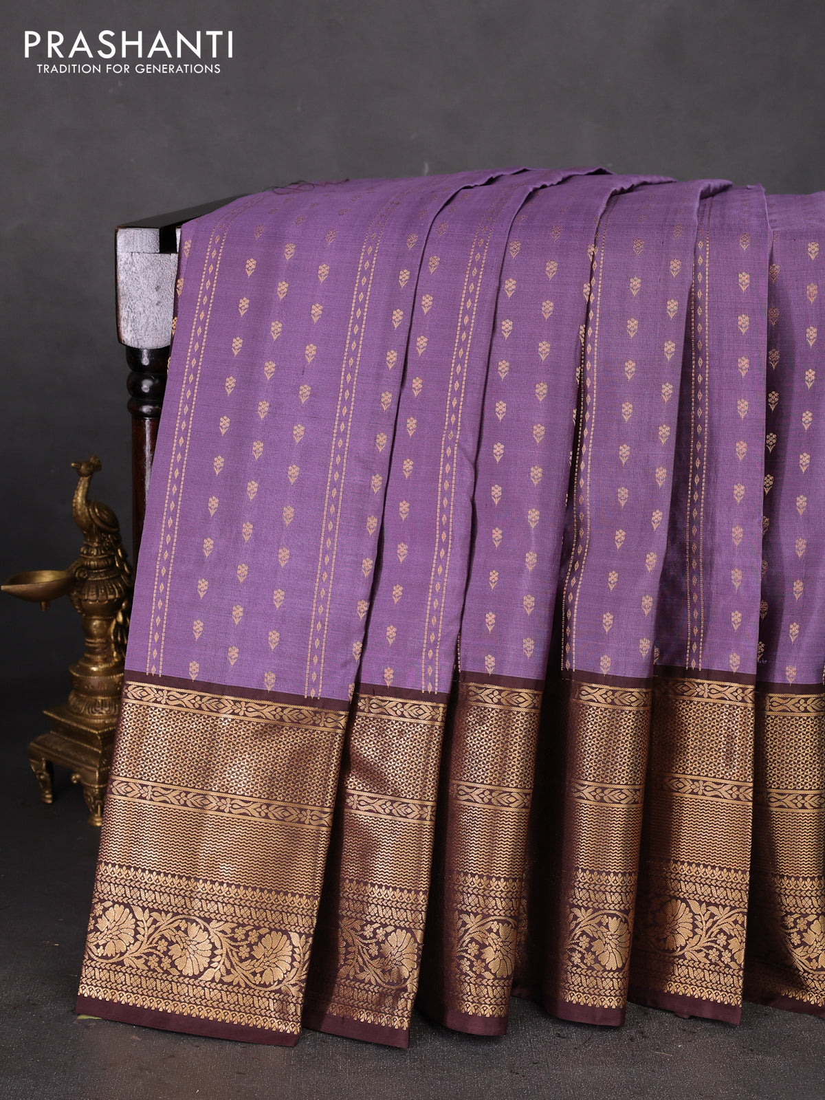 Pure kanchipuram silk saree lavender shade and coffee brown with allov ...