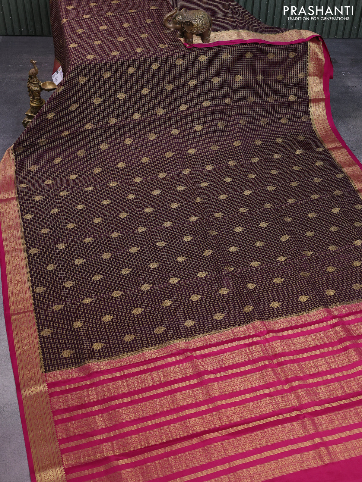Pure mysore silk saree brown and pink with allover small zari checks ...