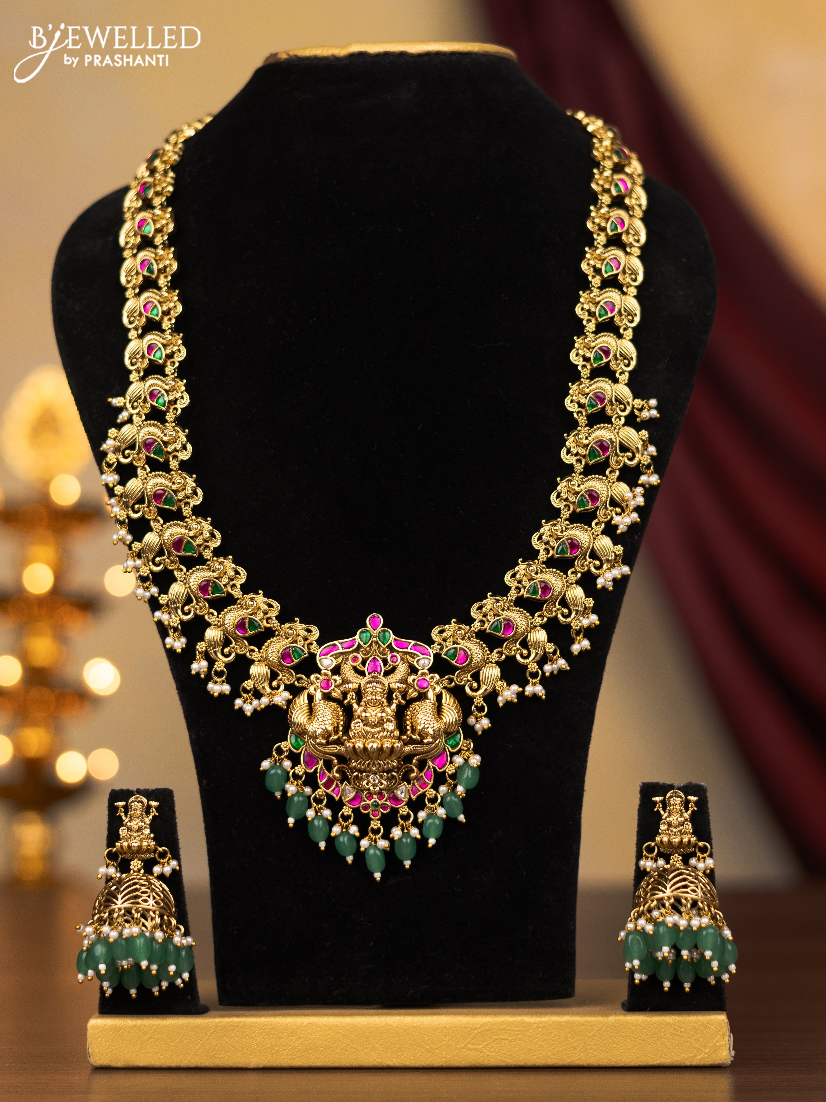Jadau haram peacock design with jadau kundan stones and perals & green ...