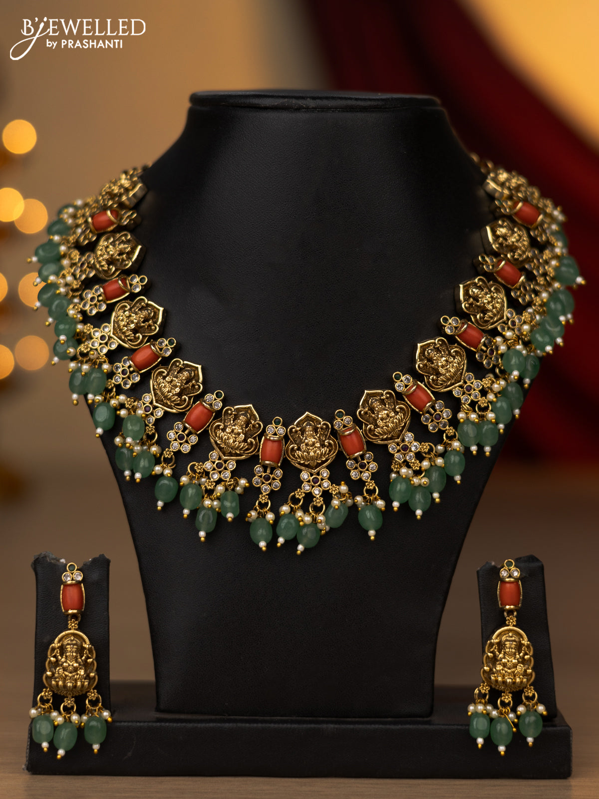 Antique necklace lakshmi design with kemp & cz stones and pearl & mint ...
