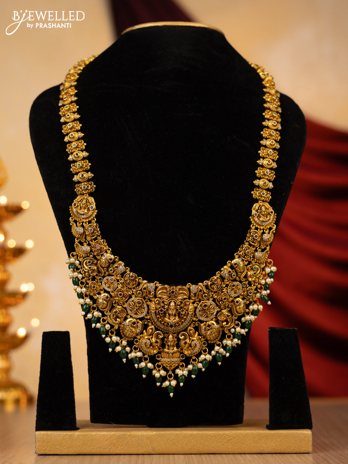 Antique haaram lakshmi design with kemp,cz stone and green pearl beads ...