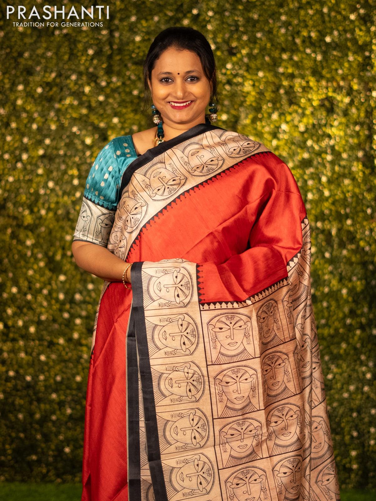 Chappa saree red and sandal with plain body and madhubani printed bord – Prashanti Sarees