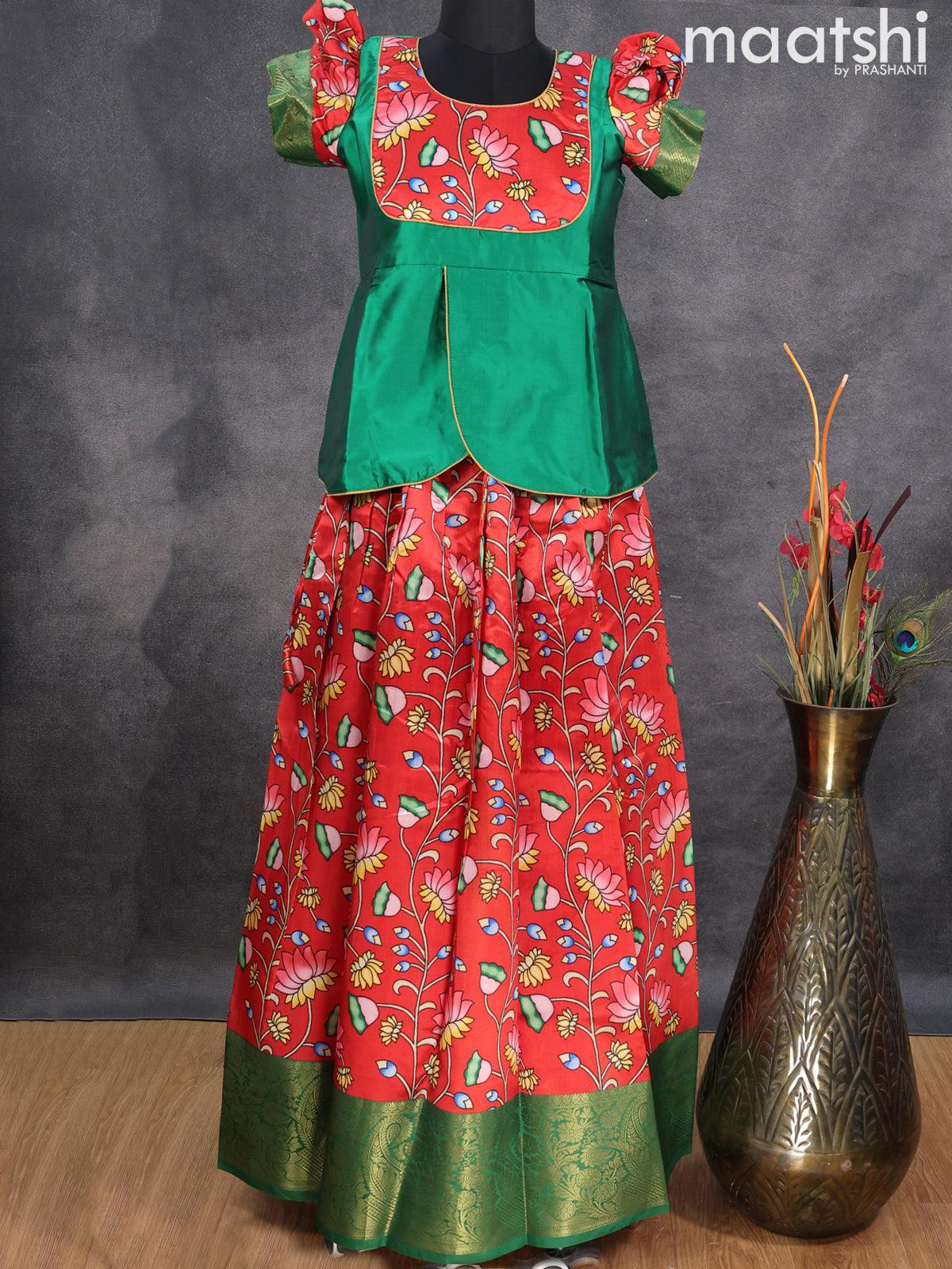 Raw silk readymade kids lehenga green and red with patch work neck pat ...
