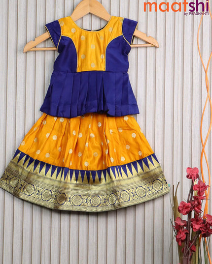 Banarasi kids lehanga navy blue and mango yellow with patch work neck ...