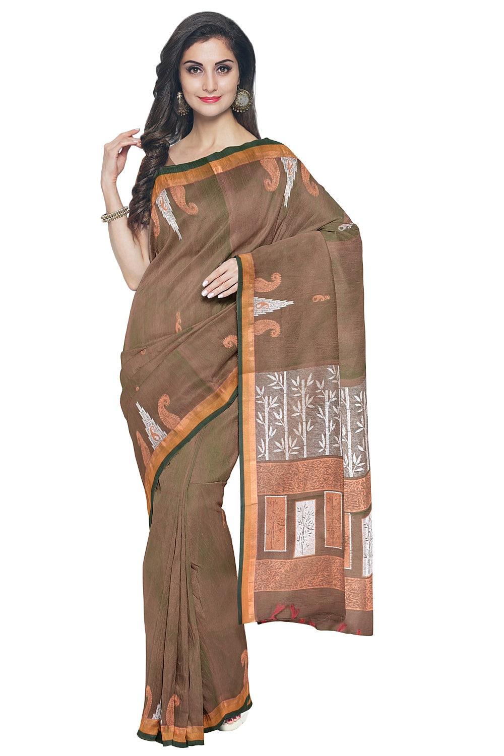 Coimbatore Cotton Olive Green Color Saree with Copper and Silver Zari ...