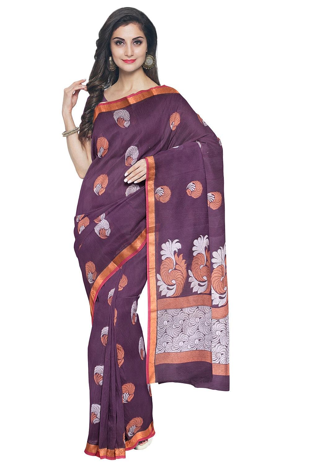 Coimbatore Cotton Violet Color Saree with Copper and Silver Zari Woven ...