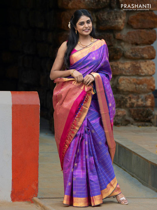 Sa - Pure kanjivaram silk saree purple and pink with allover zari chec ...